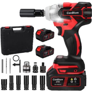 conblom 800n.m(590ft-lbs) cordless impact wrench, 1/2" brushless impact gun w/ 2x 4.0ah battery, 4300rpm high torque impact driver w/ 6 sockets, led light, power impact wrenches for car home