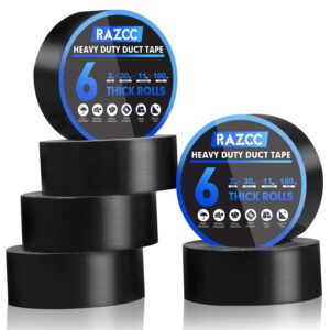 razcc duct tape, 6 rolls black duct tape,heavy duty, flexible, no residue, all-weather and tear by hand, 30 yard x 2 inch per roll - bulk value for indoor & outdoor repairs, industrial use