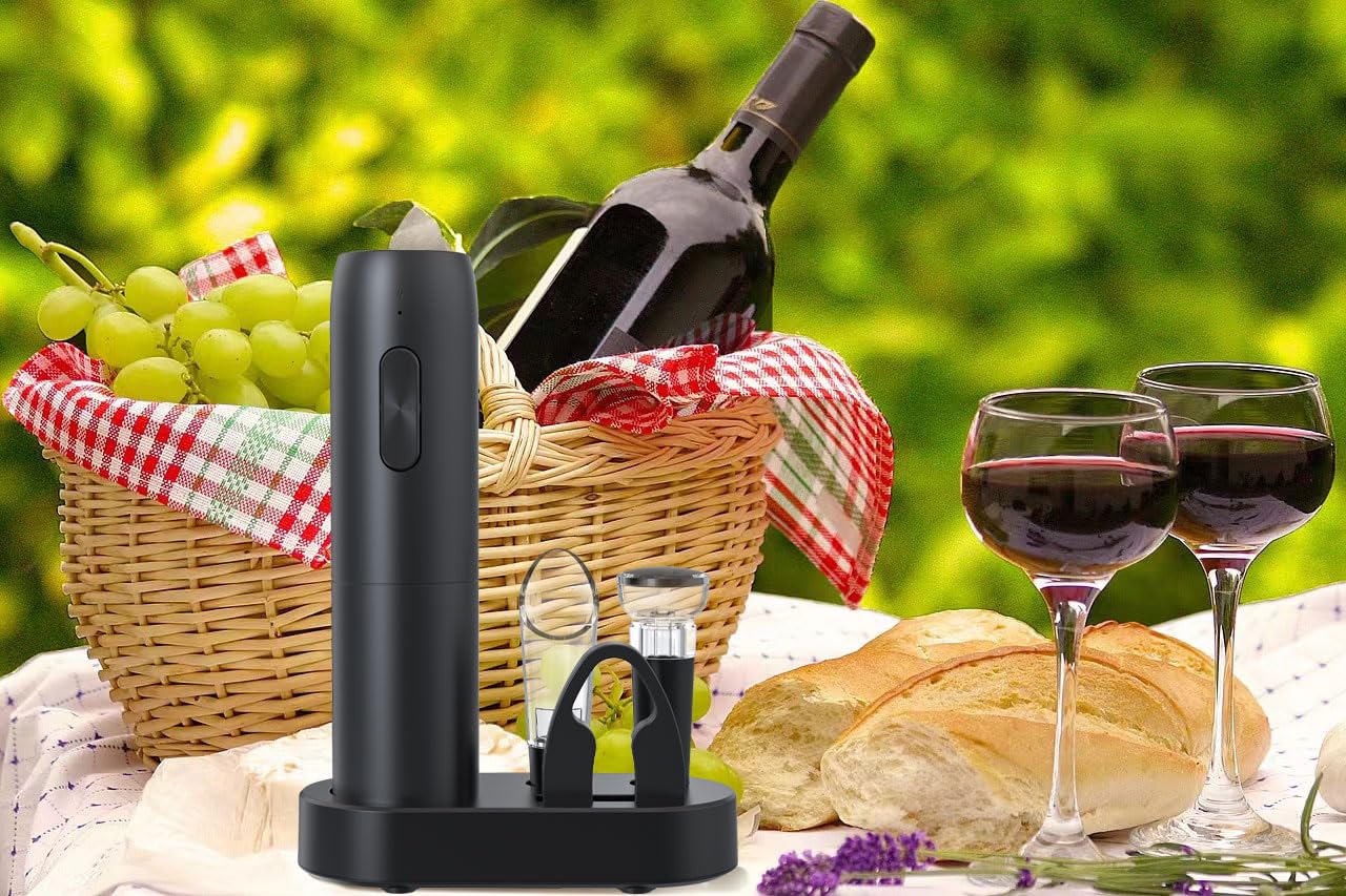 VGY Rechargeable Electric Wine Opener, 5 in 1 set with Automatic Electric Wine Bottle Corkscrew Opener, Foil Cutter, Vacuum Stopper, Wine Pourer and Storage Charging Stand