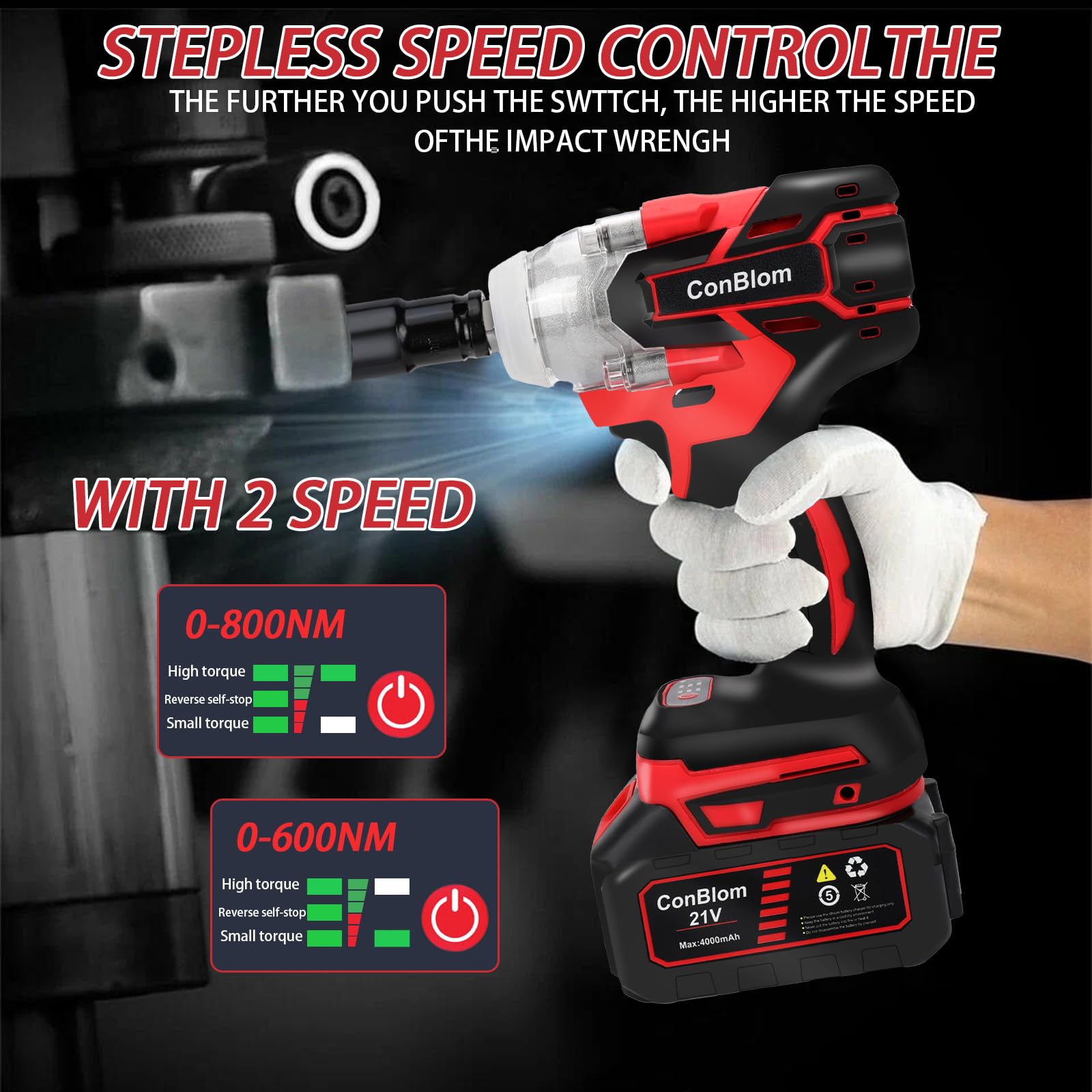 ConBlom 800N.m(590Ft-lbs) Cordless Impact Wrench, 1/2" Brushless Impact Gun w/ 2x 4.0Ah Battery, 4300RPM High Torque Impact Driver w/ 6 Sockets, LED Light, Power Impact Wrenches for Car Home