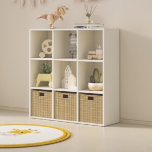 wood cube storage organizer closet cabinet for living room bedroom study shelf bookcase wooden floor standing open bookshelf for kids home office display storage cabinet (white, 9-cube, 11.81in)