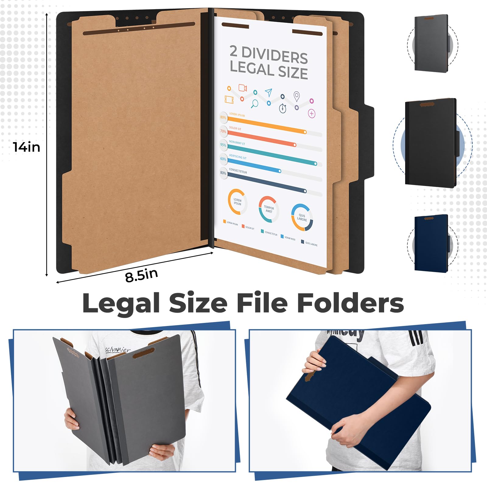 18 Pcs Legal Size Pressboard Classification Folders 2 Dividers 2 Inch Expansions File Folders with 2 Prongs Fasteners 8.5 x 14in for Office Organize Paper Files Medical Records(Black,Grey,Blue)