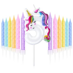 threlaco unicorn birthday number candle macaron unicorn cake topper decoration with 12 pcs rainbow spiral birthday candles with holders for baby girl boy birthday unicorn theme party(number 5)