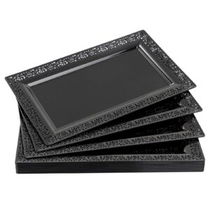 rubtlamp 12 pcs black plastic food serving trays - 13 x 8 inch party serving trays and platters - black serving tray - disposable serving party platters- black serving platter tray for halloween,party