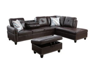 vurax 3-piece faux leather sectional sofas with left chaise longue and storage ottoman, button tufted upholstered couch set, for living room, home, office, 97inch, dark brown 1