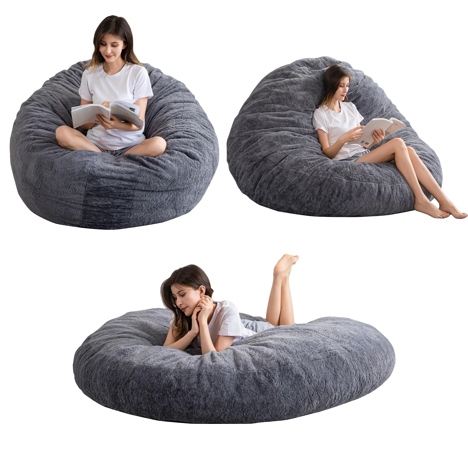 BYBYME 3 in 1 Bean Bag Chair, Convertible Chair Folds from Bean Bag to Lounger, High-Density Foam Filling, Faux Fur Big Sofa Bed, Giant Bean Bag Chair Bed for Adults