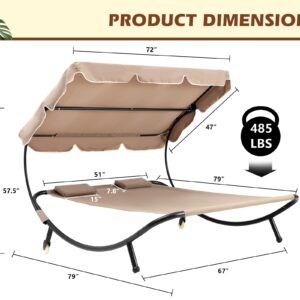 Grepatio Double Chaise Lounge Bed with Adjustable Canopy Outdoor Lounger Bed with Wheels Large Patio Hammock Daybed with 2 Pillow for Garden, or Poolside Sun Room