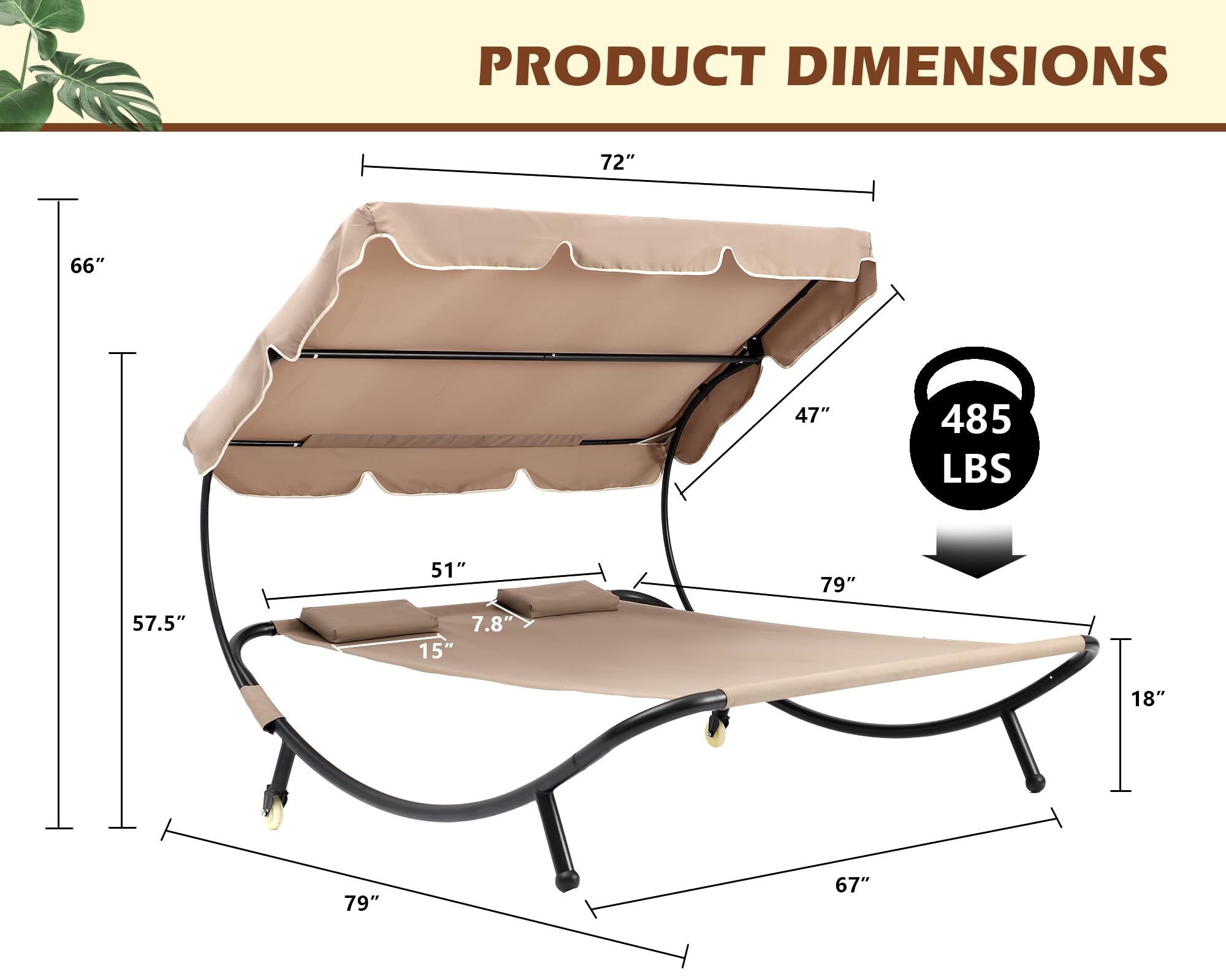 Grepatio Double Chaise Lounge Bed with Adjustable Canopy Outdoor Lounger Bed with Wheels Large Patio Hammock Daybed with 2 Pillow for Garden, or Poolside Sun Room