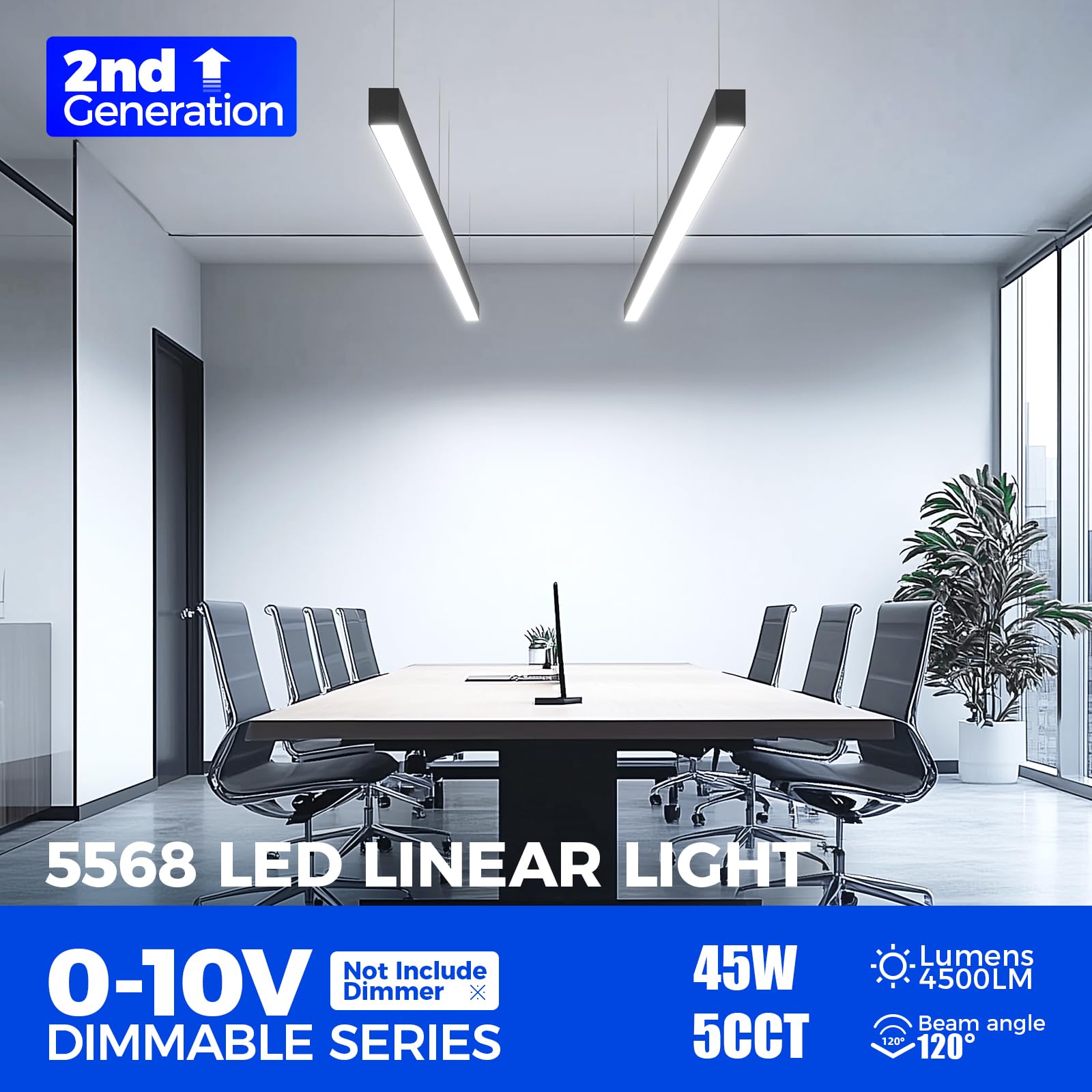 Barrina 4FT LED Linear Light 5568-0-10V Series, 2nd-Generation, Dimmable 45W 4500LM (Dimmer Not Included), Seamless Connection, 3000K-6000K Color Changing, Linkable Office Lighting, Black, 4 Packs