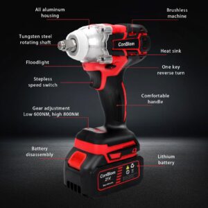 ConBlom 800N.m(590Ft-lbs) Cordless Impact Wrench, 1/2" Brushless Impact Gun w/ 2x 4.0Ah Battery, 4300RPM High Torque Impact Driver w/ 6 Sockets, LED Light, Power Impact Wrenches for Car Home