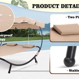 Grepatio Double Chaise Lounge Bed with Adjustable Canopy Outdoor Lounger Bed with Wheels Large Patio Hammock Daybed with 2 Pillow for Garden, or Poolside Sun Room