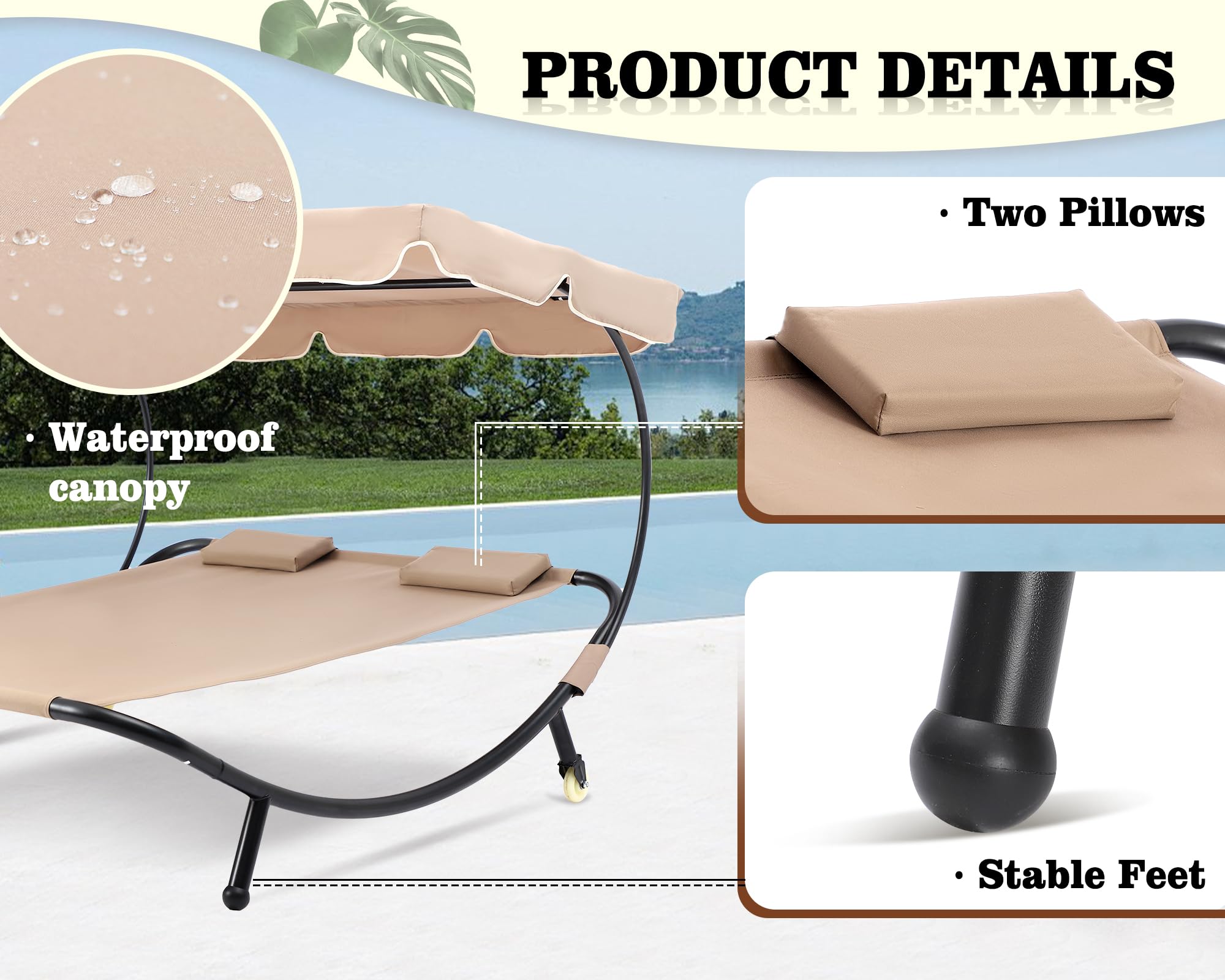 Grepatio Double Chaise Lounge Bed with Adjustable Canopy Outdoor Lounger Bed with Wheels Large Patio Hammock Daybed with 2 Pillow for Garden, or Poolside Sun Room