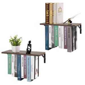 outink floating book shelves for wall, multi-function space saving wall bookshelf, unique wooden hanging bookshelf for bedroom living room decor & storage, 16" x 7" (2 packs, dark brown)