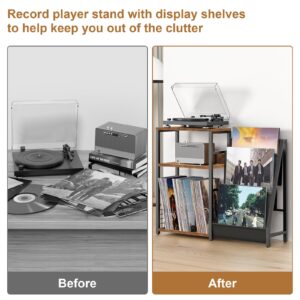 LEBOAHOUS Brown Record Player Table with Vinyl Display Shelf Storage Up to 150 Albums, Printer Stand for Office, End Table Turntable Holder for Living Room, 3 Tier AV Media Stands DVD Video Game Console Shelf