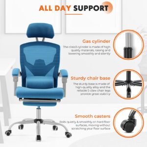 Sweetcrispy Office Computer Desk Chair, Ergonomic High-Back Mesh Rolling Work Swivel Chairs with Wheels, Comfortable Lumbar Support, Comfy Arms for Home, Bedroom, Study, Student, Blue