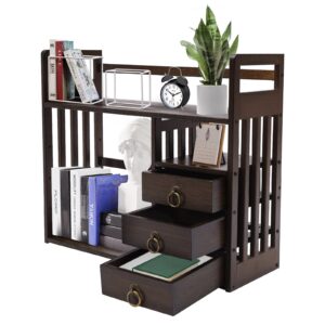 ILWorkTLs 2 Tier Bamboo Countertop Bookshelf,Desktop Organizer Shelves with 3 Drawers,Desktop Bookcase for Home Office,Walnut