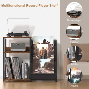 LEBOAHOUS Brown Record Player Table with Vinyl Display Shelf Storage Up to 150 Albums, Printer Stand for Office, End Table Turntable Holder for Living Room, 3 Tier AV Media Stands DVD Video Game Console Shelf