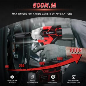 ConBlom 800N.m(590Ft-lbs) Cordless Impact Wrench, 1/2" Brushless Impact Gun w/ 2x 4.0Ah Battery, 4300RPM High Torque Impact Driver w/ 6 Sockets, LED Light, Power Impact Wrenches for Car Home