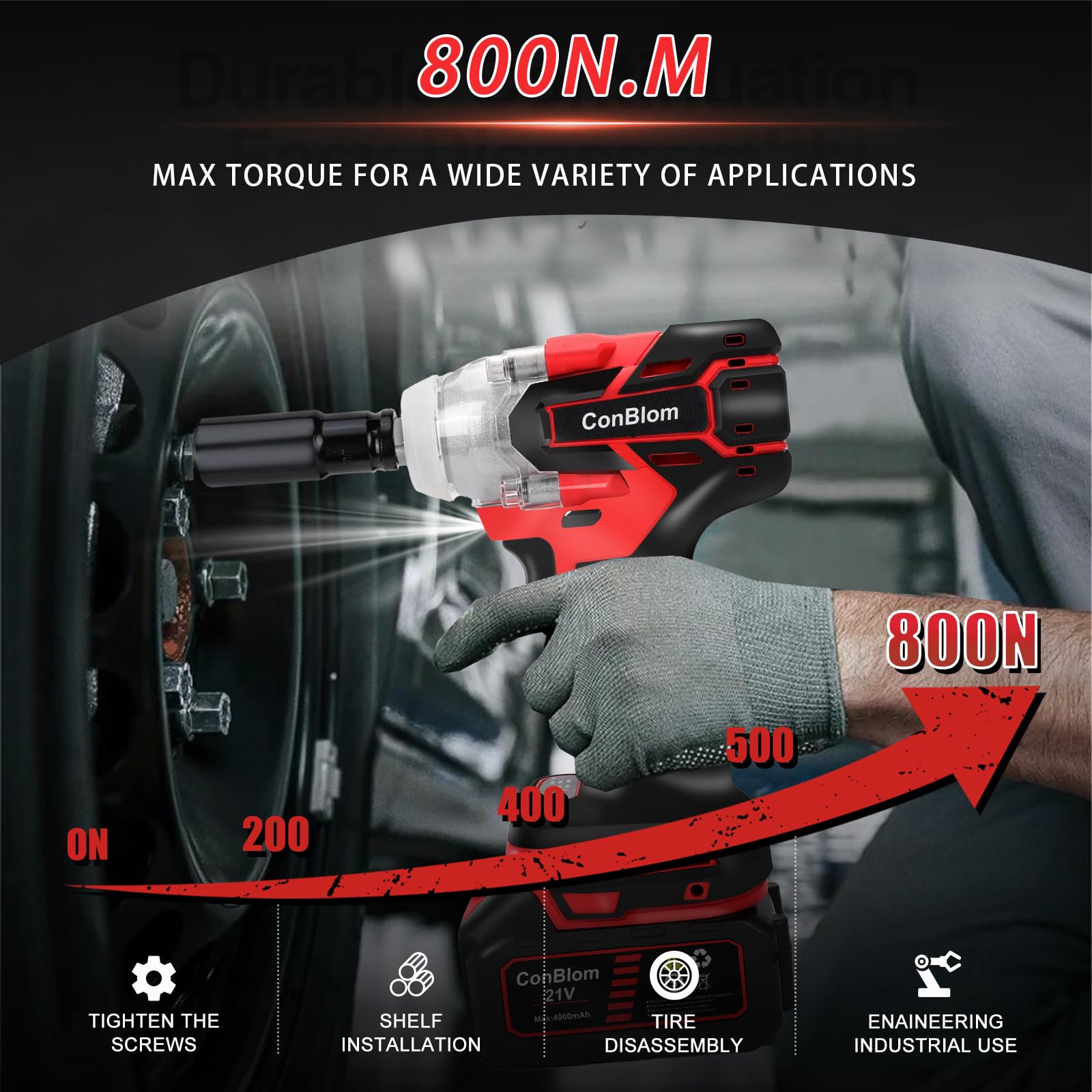 ConBlom 800N.m(590Ft-lbs) Cordless Impact Wrench, 1/2" Brushless Impact Gun w/ 2x 4.0Ah Battery, 4300RPM High Torque Impact Driver w/ 6 Sockets, LED Light, Power Impact Wrenches for Car Home