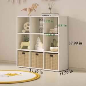 Wood Cube Storage Organizer Closet Cabinet for Living Room Bedroom Study Shelf Bookcase Wooden Floor Standing Open Bookshelf for Kids Home Office Display Storage Cabinet (White, 9-Cube, 11.81in)