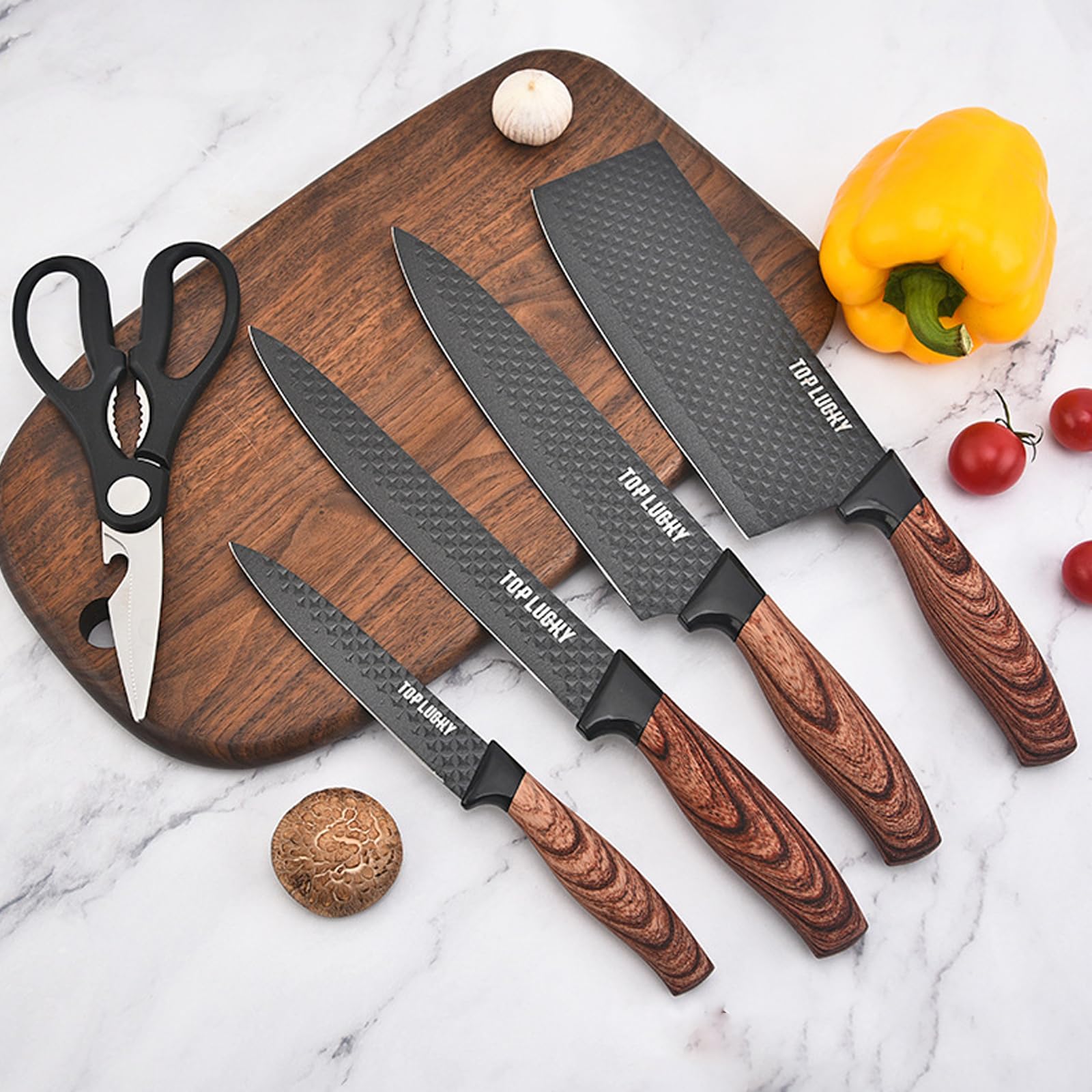 Kitchen Block Knife Sets, 6-Pieces Black Chef Knife Set with Removable Round Block, Non-stick & Non-slip Stainless Steel Sharp Knife Set for Restaurant Home Cooking, Gifts for Mom Wife Girl (Black)