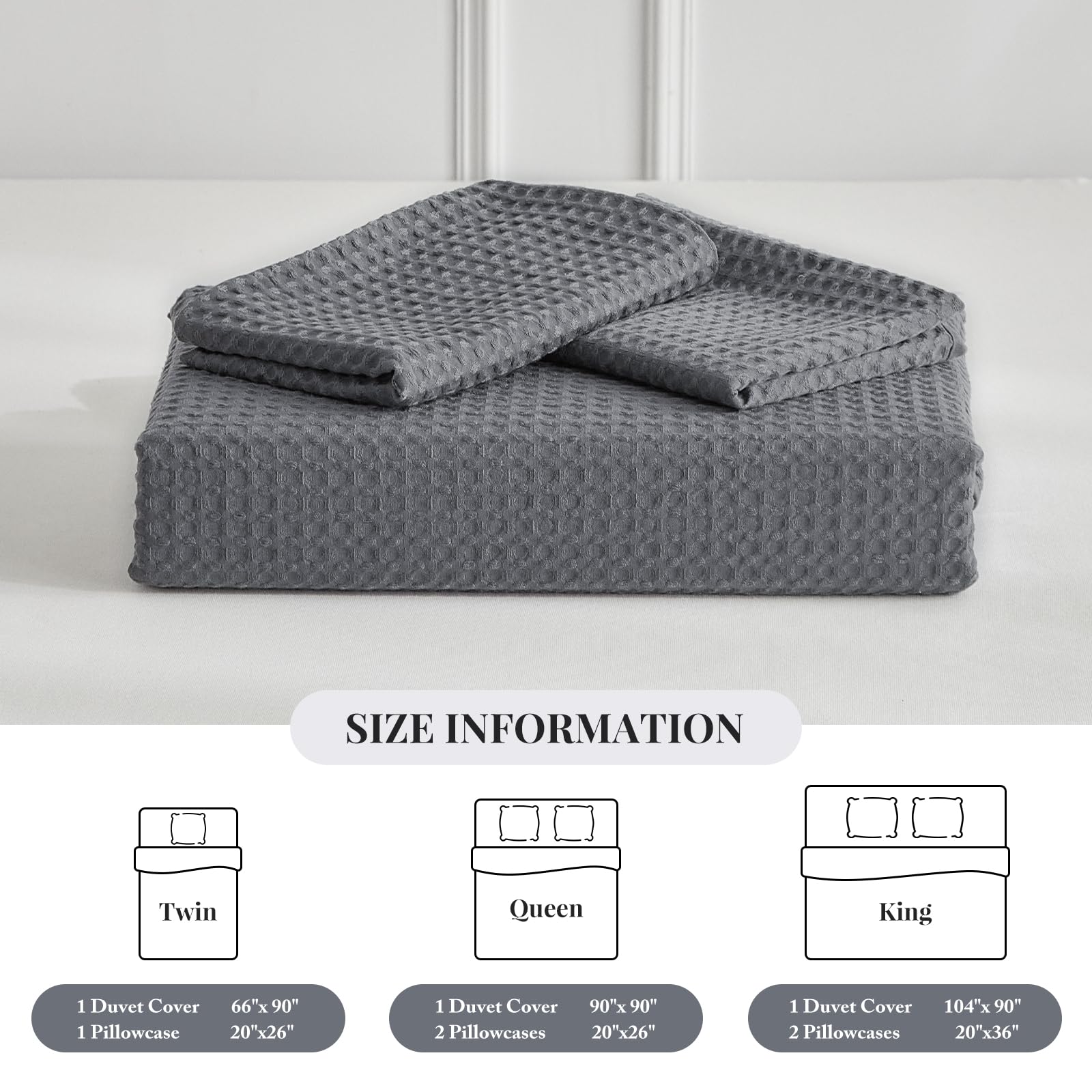 WARMDERN Waffle Weave Duvet Cover Queen Size, Grey Textured Duvet Cover Set, Soft and Breathable Comforter Cover, 3 Pieces Microfiber Bedding Set with Zipper for All Season(Grey,Queen)