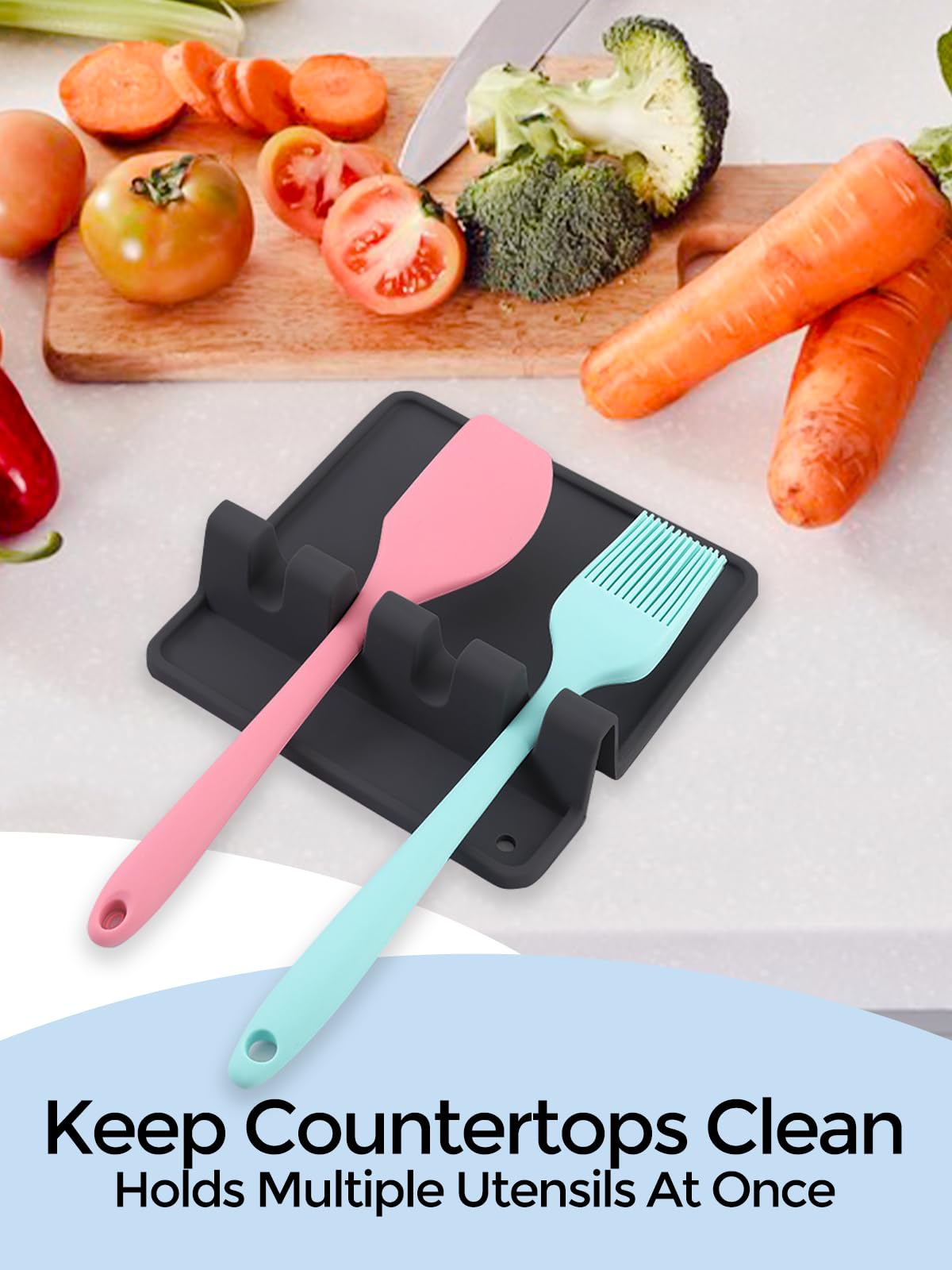 Silicone Spoon Rest with Drip Pad for Stove Top(2PCS), Large Utensil Rest for Multiple Utensils, Heat-Resistant & Dishwasher Safe Kitchen Utensil Holder for Spatula, Ladle, Kitchen Gadgets (Black)