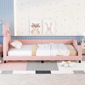 ACQCA Twin Size Daybed with Carton Ears Shaped Headboard, PU Leather Upholstered Platform Bed with Button Tufting Nailhead Trim for Kids Girls Boys, No Box Spring Needed,Pink