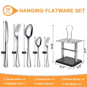 KLUSIET 30 Pcs Stainless Steel Silverware Set with Stand, Hanging Flatware Set Service for 6, Eating Tableware Set Include Main Knife, Main Fork, Main Spoon, Small Fork, Small Spoon(Silver)