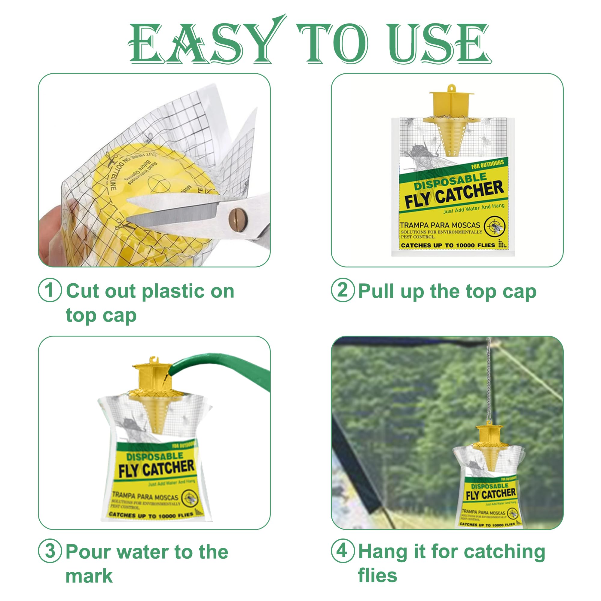 Outdoor Fly Traps (8 Pack) with Adjustable Hanging Chain (4 Pack), Disposable Hanging Fly Traps with Natural Pre-Baited Bags | Effective Fly Killer for Backyard, Patio, Park or Farm