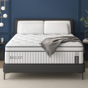 queen mattress, diglant 14inch hybrid cooling gel memory foam mattress, medium plush feel with pocket springs, support & pressure relieving queen size mattress, certipur-us certified, 10 year warranty