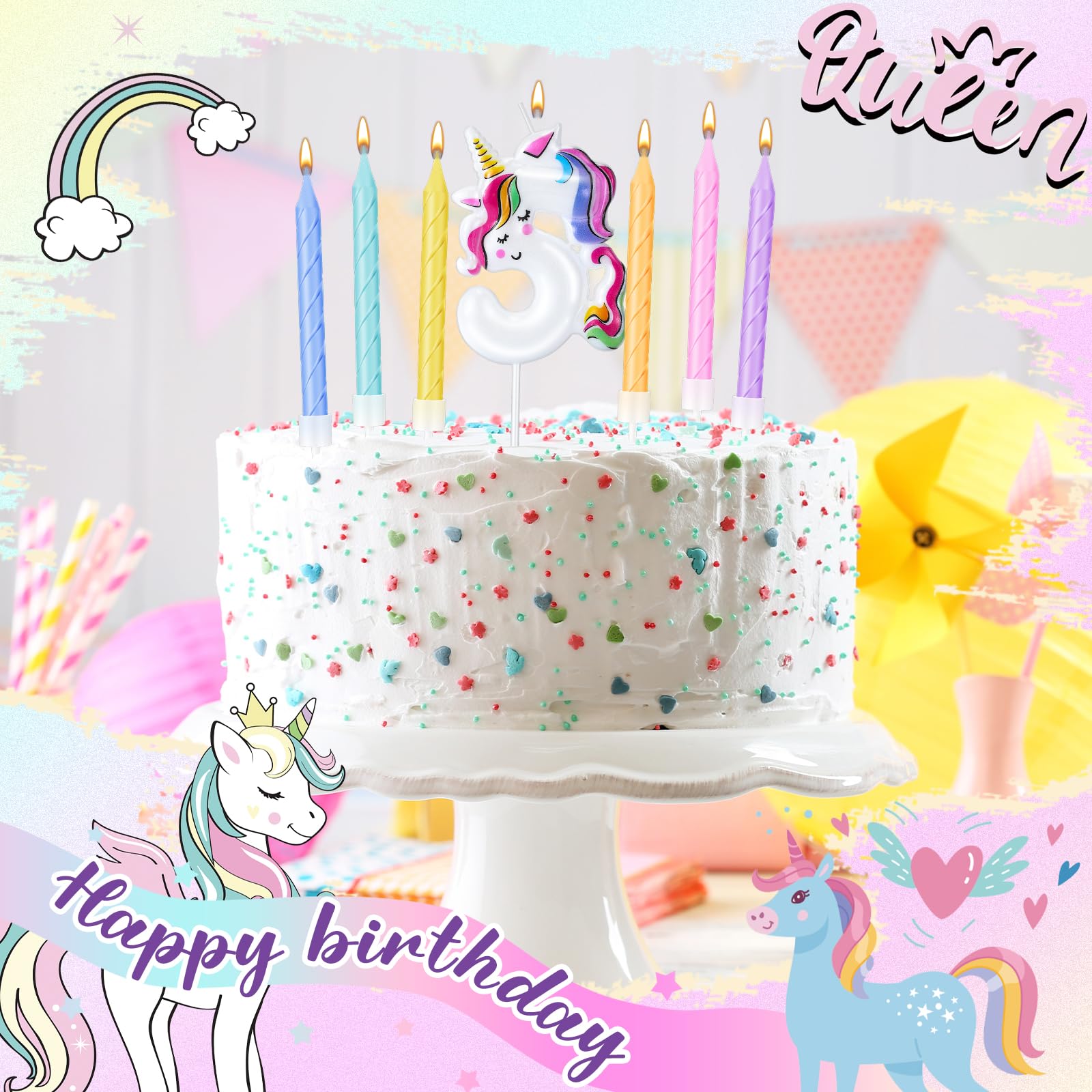 Threlaco Unicorn Birthday Number Candle Macaron Unicorn Cake Topper Decoration with 12 Pcs Rainbow Spiral Birthday Candles with Holders for Baby Girl Boy Birthday Unicorn Theme Party(Number 5)