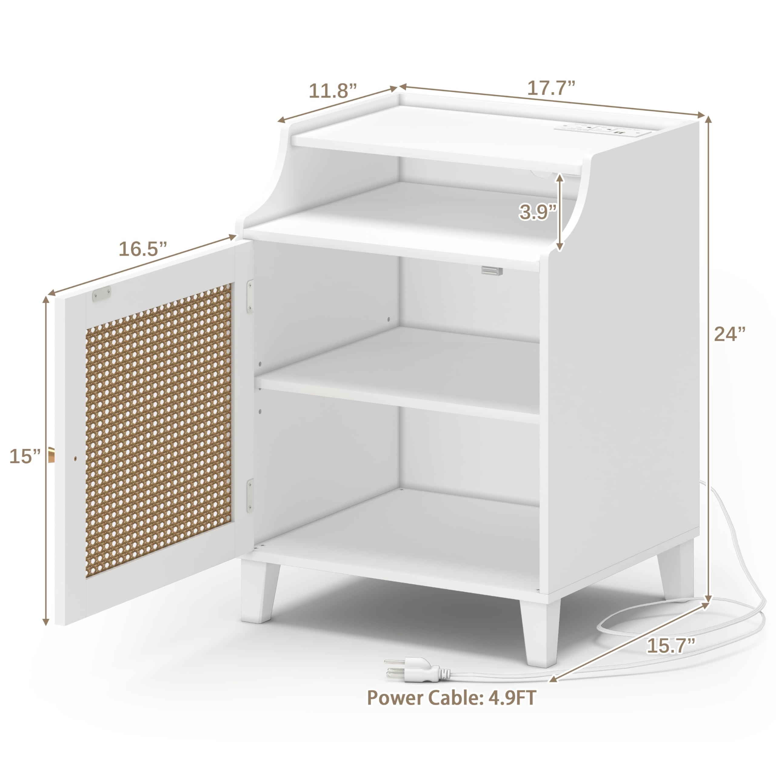 Nightstand Set of 2 White Night Stand with Charging Station Farmhouse Bedside Table with Rattan Door&Adjustable Storage Shelf Rustic Wood Couch Side Table End Table for Bedroom