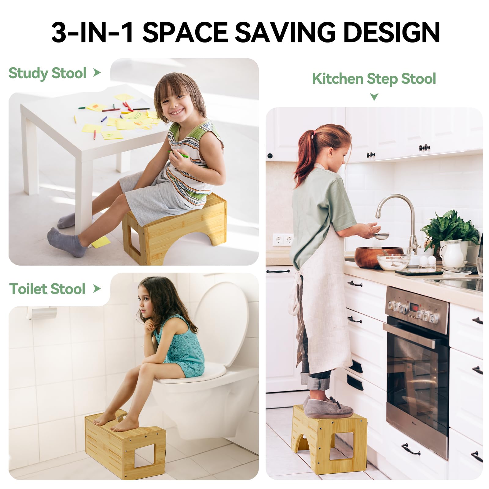 AmazerBath Potty Training Toilet Stool for Toddler, 7” Sturdy Bamboo Small One Step Stools for Adults, 3-in-1 Space Saving Baby & Kids Squat Poop Foot Stool for Bathroom Sink, Kitchen Counter, Closet