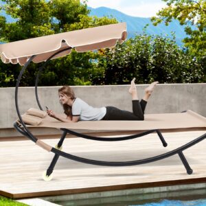 Grepatio Double Chaise Lounge Bed with Adjustable Canopy Outdoor Lounger Bed with Wheels Large Patio Hammock Daybed with 2 Pillow for Garden, or Poolside Sun Room