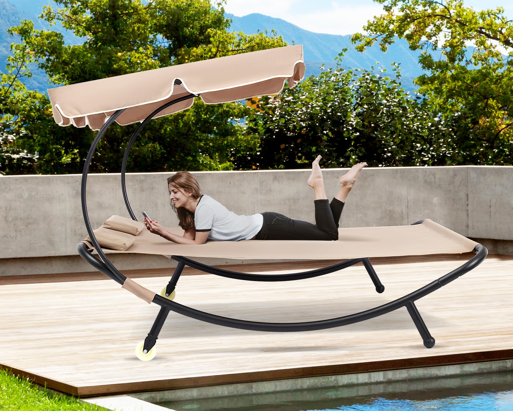 Grepatio Double Chaise Lounge Bed with Adjustable Canopy Outdoor Lounger Bed with Wheels Large Patio Hammock Daybed with 2 Pillow for Garden, or Poolside Sun Room