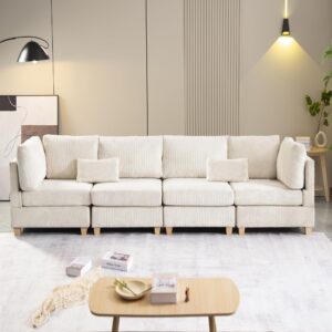 126"Modern Modular Sectional Sofa,L-Shaped Corduroy Fabric Modular Sofa with Movable Ottoman and Pillows,4 Seater Convertible Sleeper Sectional Couches for Small Living Room (Beige, 126"L-4 Seater)