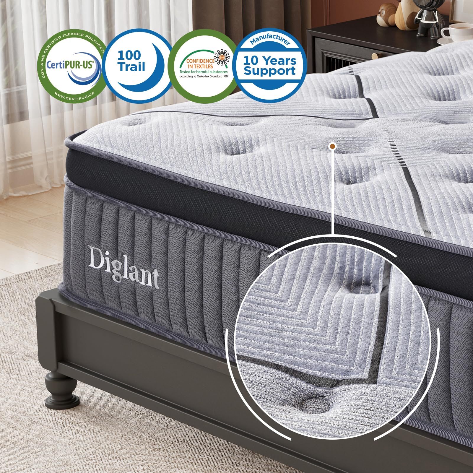 DIGLANT King Mattress, 14Inch Cooling Gel Memory Hybrid Medium Plush Mattress, King Size Individual Pocket Spring Mattress in Box, CertiPUR-US,10 Years Support