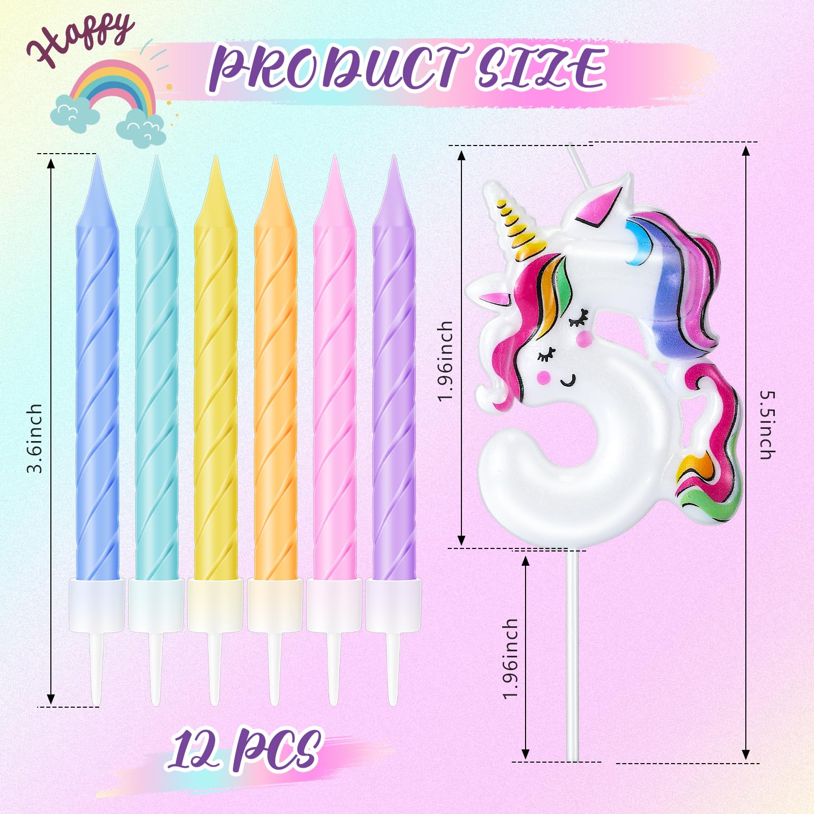 Threlaco Unicorn Birthday Number Candle Macaron Unicorn Cake Topper Decoration with 12 Pcs Rainbow Spiral Birthday Candles with Holders for Baby Girl Boy Birthday Unicorn Theme Party(Number 5)