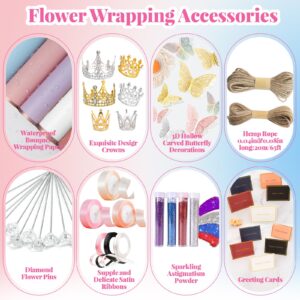 528Pcs Flower Wrapping Paper Kit 200 Sheets Waterproof Floral Wrapping Paper with 3D Butterfly Decor Crowns Bouquet Pins Ribbons, DIY Crafts for Mother's Day Valentines Graduation Birthday Gift