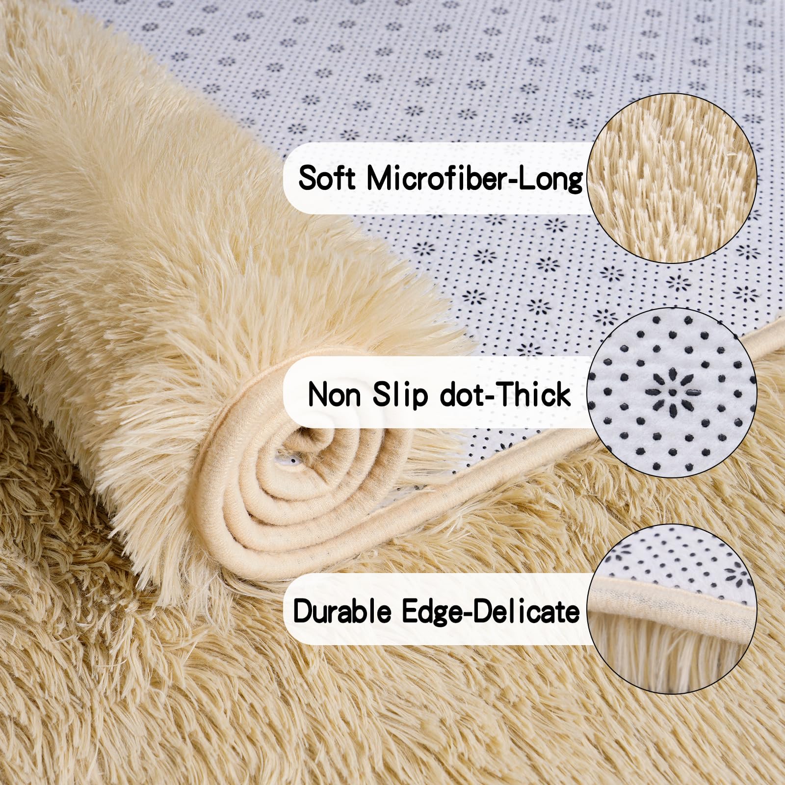 KING DARE 2x3 Area Rugs for Bedroom, Soft Small Throw Rug for Dorm, Soft Fluffy Shaggy Plush Fuzzy Shag Non-Slip Washable Carpet for Bedside Closet Girls Boys Room, Beige Rug