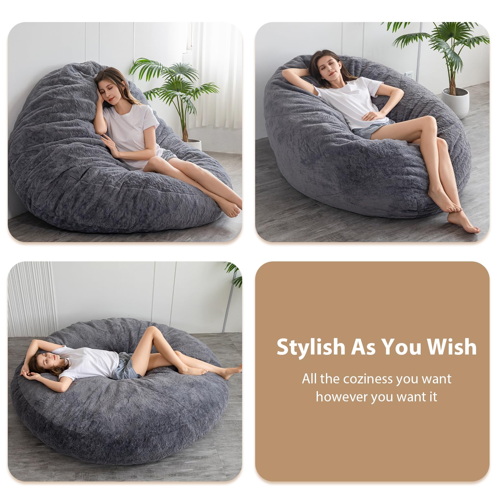 BYBYME 3 in 1 Bean Bag Chair, Convertible Chair Folds from Bean Bag to Lounger, High-Density Foam Filling, Faux Fur Big Sofa Bed, Giant Bean Bag Chair Bed for Adults