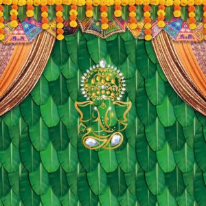 INRUI Indian Pooja Photography Background Green Banana Leaf Curtain Decorations Indian Bridal Shower Wedding Party Photo Backdrop (7x5FT)