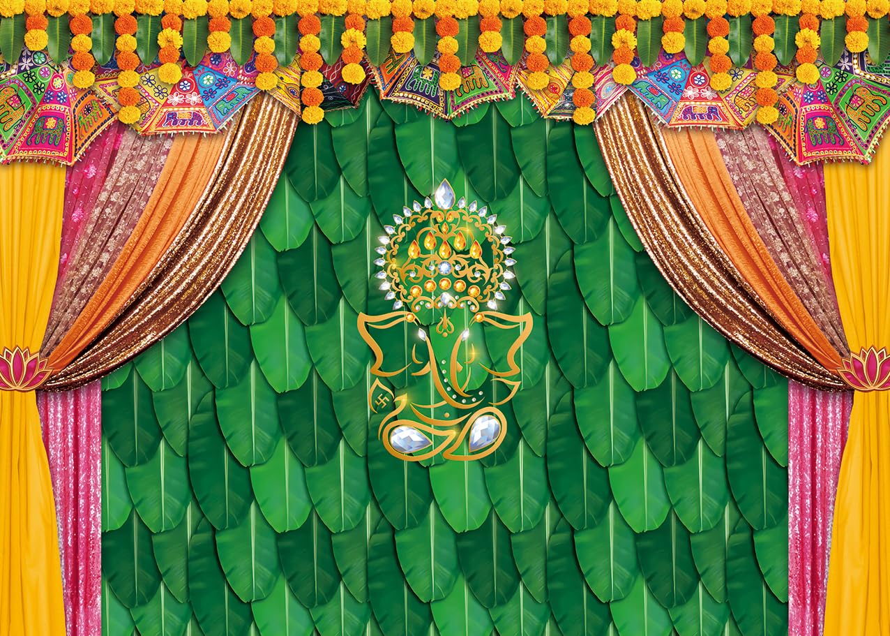 INRUI Indian Pooja Photography Background Green Banana Leaf Curtain Decorations Indian Bridal Shower Wedding Party Photo Backdrop (7x5FT)