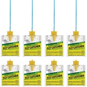 outdoor fly traps 8 pack with adjustable hanging strings (8 pcs), disposable hanging fly traps with natural pre-baited bags | effective fly killer for backyard, patio, park or farm yellow