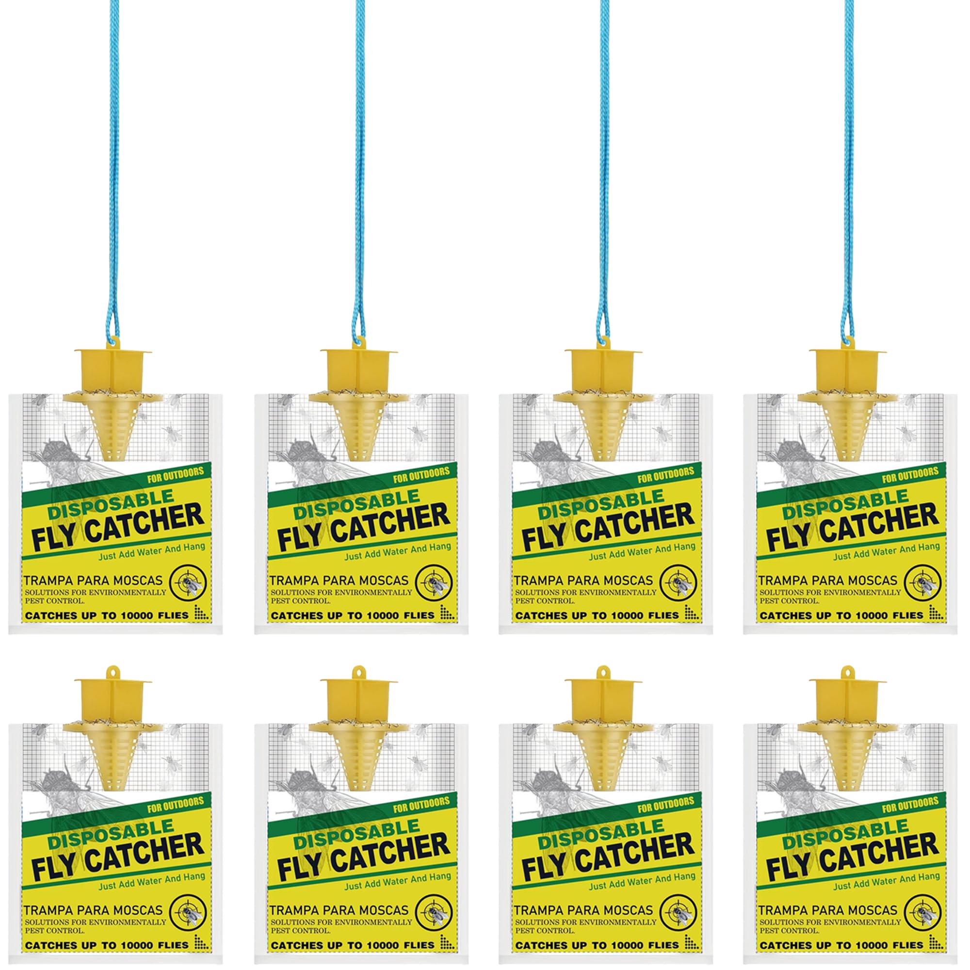 Outdoor Fly Traps 8 Pack with Adjustable Hanging Strings (8 PCS), Disposable Hanging Fly Traps with Natural Pre-Baited Bags | Effective Fly Killer for Backyard, Patio, Park or Farm Yellow