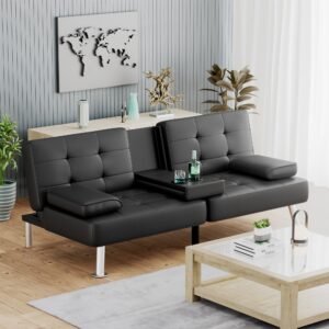 acurax futon sofa bed, modern faux leather convertible folding lounge couch for living room with 2 cup holders removable soft armrest and sturdy metal legs, black