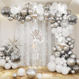 disco balloon garland arch kit, white and silver confetti balloon arch kit different sizes, prom send off decorations 2024, disco bachelorette party decorations, disco ball balloons