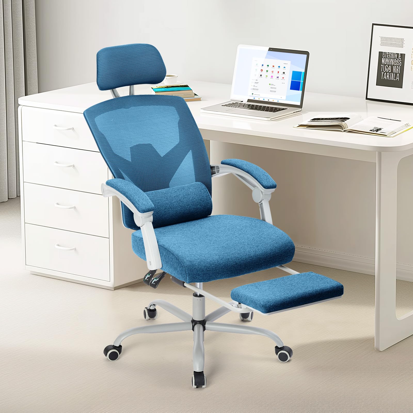 Sweetcrispy Office Computer Desk Chair, Ergonomic High-Back Mesh Rolling Work Swivel Chairs with Wheels, Comfortable Lumbar Support, Comfy Arms for Home, Bedroom, Study, Student, Blue