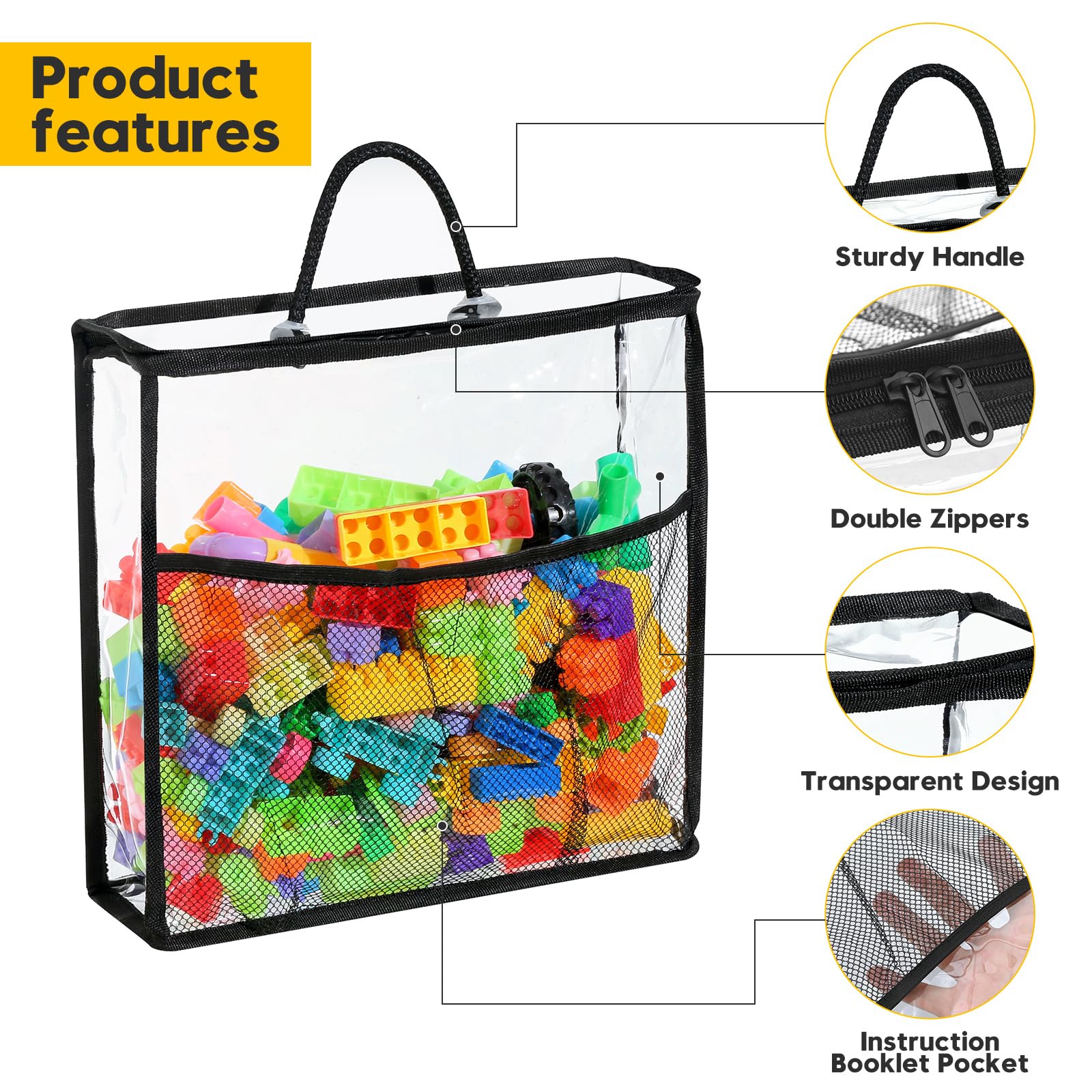 Remittur 10 PCS Clear Zippered Toy Storage Bags with handle, Kids Toy Storage Organizer with Mesh Pocket for Instructions, Playroom Toy Organizer Plastic Storage Bags for Blocks Set Puzzles,Small Toys